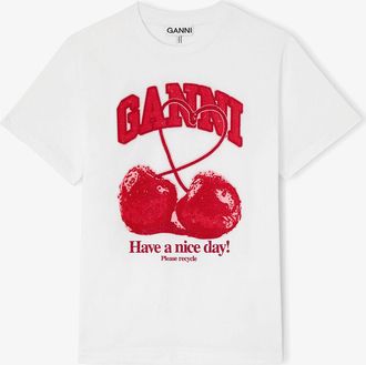 Ganni T-shirt &agrave; imprim&eacute; cerise Blanc Coton biologique - Taille XL - Pour Femme