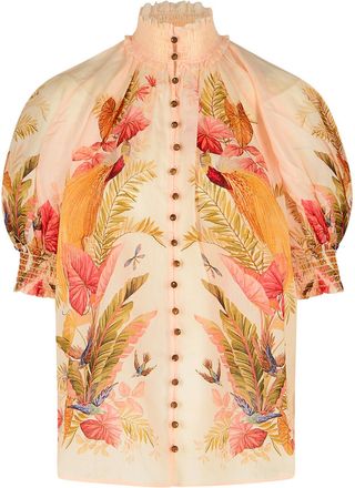 Zimmermann Billow Ramie Puff Sleeves Blouse in Cream Palm Floral