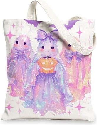 Generic Sacs fourre-tout en toile avec motif fantôme mignon, sacs dépicerie réutilisables, légers et lavables avec bandoulière pour le shopping, les voyages, 