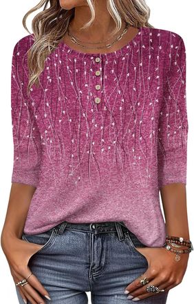 Zeagoo Tshirt Damen 3/4 &Auml;rmel Shirt Rundhals Leichte Oberteile Basic Casual Tops Sommer Locker Longshirt Bluse mit Kn&ouml;pfe Floral Lila XXL