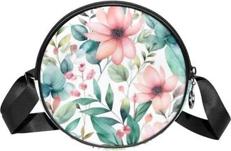 Generic Petit sac &agrave; bandouli&egrave;re circulaire pour femme, motif feuilles florales, sac &agrave; dos avec fermeture &eacute;clair, bretelles r&eacute;glables, sac &agrave; main rond d&eacute;contra