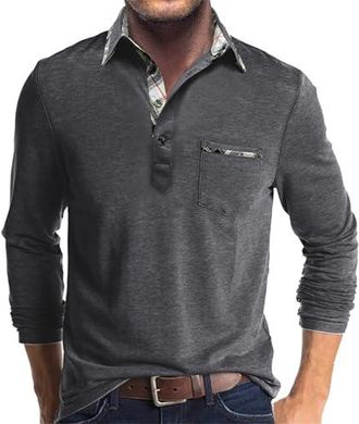 Generic Polo pour homme &agrave; col standard &agrave; manches longues - Coupe droite - T-shirt Henley avec poche poitrine - Bouton 1/4 - Pull de couleur unie - T-shirt d&eacute;t