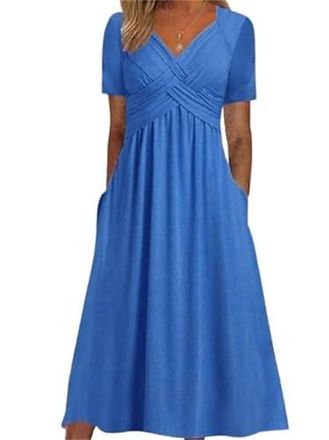 Generic Robe d&eacute;t&eacute; &agrave; manches courtes avec col en V et manches courtes crois&eacute;es sur le devant pour femme - Robe d&eacute;t&eacute; fluide avec poches, bleu, 3XL