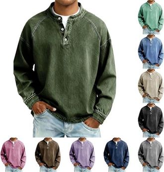 Generic Chemise Henley en jean pour homme - Chemise r&eacute;tro d&eacute;lav&eacute;e - Coupe ample - Coupe droite - Manches longues - T-shirt classique &agrave; col rond - 3 boutons - 