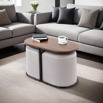 M&S Collection M&s - Table basse ovale 78x39x45 cm noir et naturel + 2 poufs en velours gris