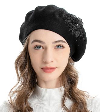 ZLYC Baskenm&uuml;tze f&uuml;r Damen, wendbar, einfarbig, Kaschmir, Mosaik, warm, f&uuml;r M&auml;dchen (Blume Schwarz),Einheitsgr&ouml;&szlig;e