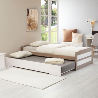 IDIMEX Ausziehbett Lorena in 90 x 190 cm, sch&ouml;nes Tagesbett aus Kiefer massiv in Taupe/wei&szlig;, praktisches Jugendbett mit Auszugskasten
