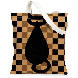 Generic Sacs fourre-tout vintage en toile motif damier, sacs d&eacute;picerie r&eacute;utilisables, l&eacute;gers et lavables avec bandouli&egrave;re, noir, 13x15 Inch