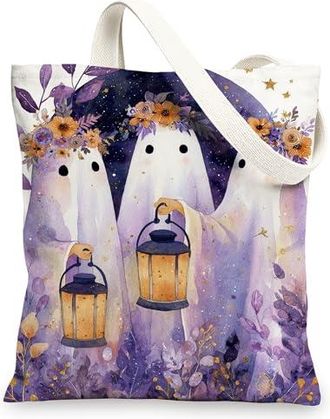 Generic Sacs fourre-tout en toile fantômes, sacs dépicerie réutilisables, légers et lavables avec bandoulière, violet, 13x15 Inch