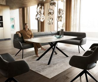 DELIFE Esszimmerbank Taya-Flex 285x190 cm Mikrofaser Anthrazit Vintage Kreuzgestell kantig Schwarz Taschenfederkern Links, Eckb&auml;nke