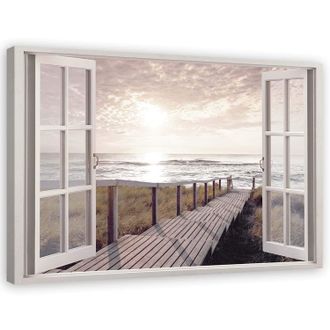 Feeby Leinwand Bilder - Bild Wohnzimmer - Fensterblick Holzsteg Meer Beige - 120x80 cm XXL 1tlg - Deko Schlafzimmer Groß - Dekoration Canvas - Gemälde - Mod