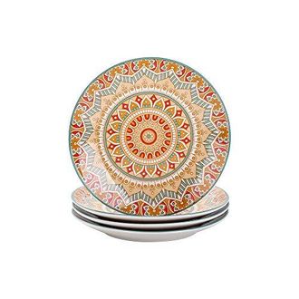 VANCASSO Vancasso - Lot de 4 assiettes à dessert en céramique style bohémien 20,3 cm avec motif mandala - 21,2 x 21,2 x 2,5 cm - Jaune