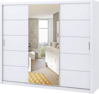 Selsey Rinker - Schwebet&uuml;renschrank/Kleiderschrank 3-t&uuml;rig mit Spiegel, 2 Kleiderstangen, 250 cm cm (Wei&szlig; Matt)