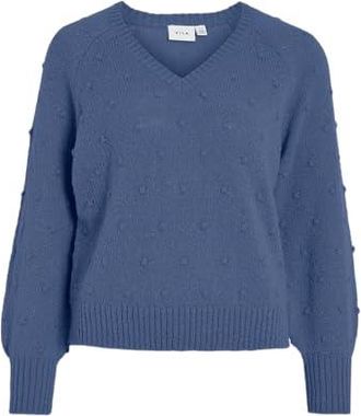 Vila Vila Vituli L/S V-Neck Gliter Knit Top/PB, Bijou Bleu, L Femme