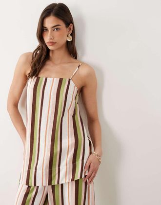 Nobody's Child Dua - Longline-Camisole aus Leinenmix mit buntem Streifenmuster und eckigem Ausschnitt, Kombiteil-Rosa