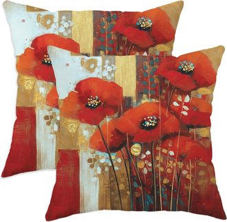 Generic Zierkissenbez&uuml;ge mit rotem Blumenmuster, 2er-Set, lebendige Mohnblumen, dekorative quadratische Bauernhaus-Dekoration f&uuml;r Zuhause, Sofa, Bett, Couch, 