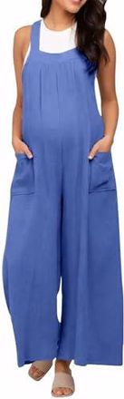 Feoya Salopette Femme Enceinte Grossesse Jambe Large Maternité Combinaison Amples Pantalon à Bretelles Bleu XL