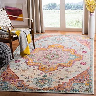 Safavieh Boho Teppich für Wohnzimmer, Esszimmer, Schlafzimmer - Crystal Collection, Kurzer Flor, Hellblau und Fuchsia, 91 X 152 cm