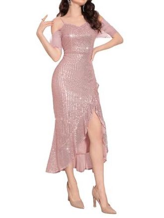 ORANDESIGNE Robe Paillette Femme Soiree Chic et Glamour Robe Paillettes Patchwork Robes Fendues Ceremonie Cocktail A Rose XS