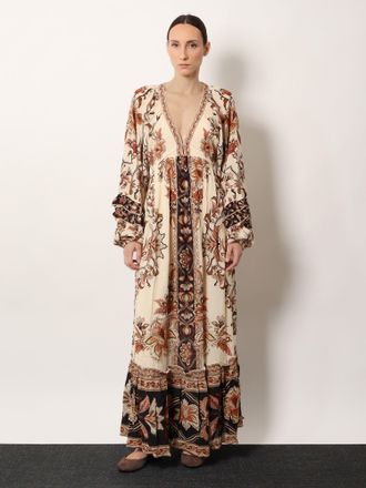 Farm Rio Womens V-Neck Maxi Dress With Ruffles Beige Viscose