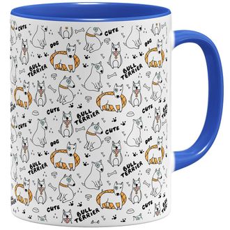 OM3 s&uuml;&szlig;e Kaffee-Tasse mit Bullterrier Tasse mit Hundemotiv Hund Bull Terrier | Keramik Becher | 11oz 325ml | Rundumdruck | Blau