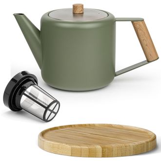 Bredemeijer gr&uuml;ne doppelwandige Teekanne 1.1 Liter aus Edelstahl - gro&szlig;e isolierende Edelstahlkanne mit Teefilter-Sieb-Aufsatz & braunem Holzuntersetzer