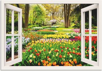 Artland ARTland Wanddeko Wandbild Alu für Innen & Outdoor 130x90 cm Fensterblick Landschaftsbilder Tulpen Blumen U1OS