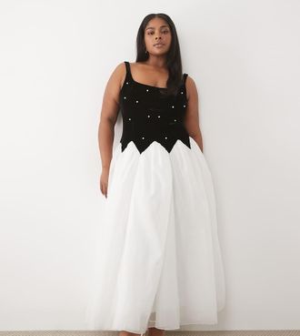 Asos Curve robe longue en velours avec bustier contrastant, jupe et perles en monochrome-Multi