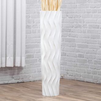 Leewadee Große Deko Bodenvase Für Dekozweige, Hohe Standvase Für Pampasgras, Design Holzvase, 65 cm, Weiß