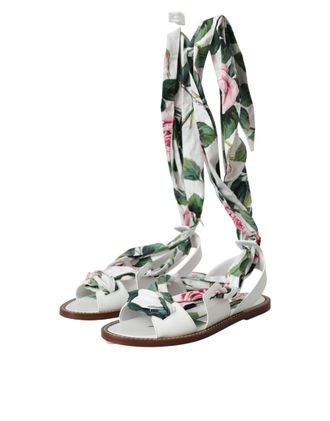 Dolce & Gabbana Womens Multicolor Floral Print Ankle Wrap Sandals Shoes Calf Leather Cotton