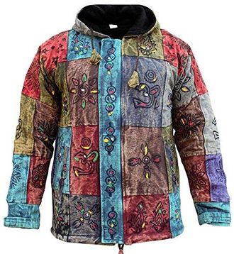 Shopoholic Fashion Veste &agrave; Capuche Patchwork pour Homme, Doubl&eacute;e en Polaire, Style Boh&egrave;me Hippie, pour Festivals et Hiver, XXL
