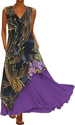 Onsoyours Robe Longue Femme Été Maxi Robe Élégant Vintage Imprimé Floral Boho Robe De Plage Cocktail Décontractée Casual Robe avec Poches Swing Dress Vacances P