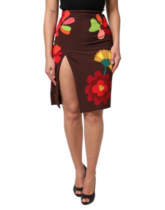 Dolce & Gabbana Womens Brown Floral High Waist Side Slit Skirt Viscose Acetate Elastane