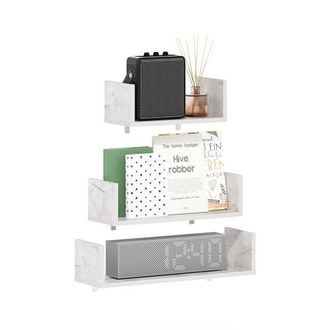 Furinno Rossi Schlafzimmerdekor-Wandregale mit unsichtbaren Halterungen, Marmorwei&szlig;, 3er-Set