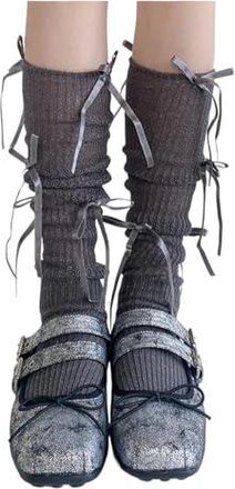 Generic Lot de 2 paires de chaussettes montantes en coton avec noeud papillon pour femme, gris fonc&eacute;, Taille Unique