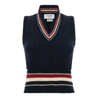 Thom Browne Gilet Hector Pointelle &agrave; Rayures RWB Donegal - Femme - Pulls - Bleu - Taille: 38 FR