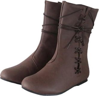 ORANDESIGNE Vintage Bout Rond Talon Chunky Bottes M&eacute;di&eacute;val Knight Pirate Bottes Mi-Mollet en Cuir PU Cowboy Bottes pour Hommes Bottes De Sport D&eacute;contract&eacute;es en Pl