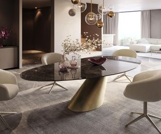 DELIFE Esstisch Edge Oval 280x130 Keramik Emperador Extra Lucidato Dunkelbraun Cono Metallic Gold, Esstische