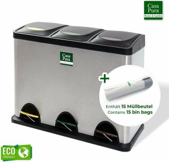 Casa Pura Casa Pura - Poubelle tri s&eacute;lectif Brandon, Poubelle tri s&eacute;lectif &agrave; p&eacute;dale, Acier inoxydable, 3 bacs, 24 Litres, sacs poubelle inclus