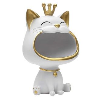 The Home Deco Factory HD0157 Statue de Chat Blanc Vide Poche, Objet D&eacute;co &Eacute;l&eacute;gant et Pratique, Finition Moderne, Organisation Petits Objets, Taille Unique, Blanc et Dor&eacute;
