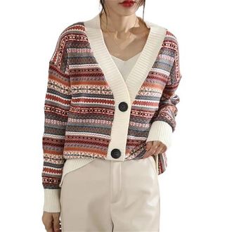 Generic Cardigan ouvert &agrave; manches longues en tricot pour femme - Col en V - Confortable - Ray&eacute;, blanc, Taille XS
