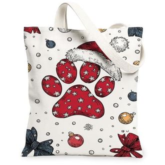 Generic Sac fourre-tout en toile avec imprim&eacute; de pattes festives, sacs de courses r&eacute;utilisables, sacs de courses r&eacute;utilisables, l&eacute;gers et lavables, Rouge, 13x