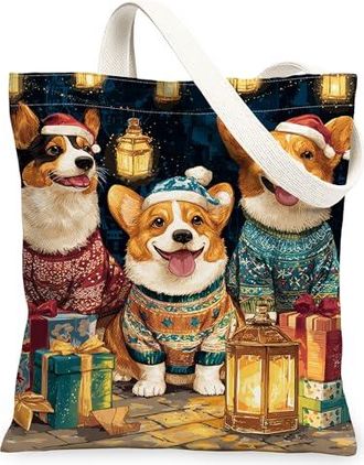 Generic Sacs fourre-tout en toile pour chiens de No&euml;l, motif canin mignon, l&eacute;gers et lavables, motif animal rustique, sac &agrave; bandouli&egrave;re r&eacute;utilisable pour voya