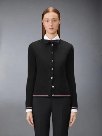 Thom Browne Womens Cardigan Col Rond C&ocirc;tes En Laine M&eacute;rinos &Agrave; Rayures Rwb Black Sweater