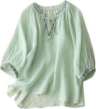 Generic Chemisier brod&eacute; boh&egrave;me pour femme - Tunique folklorique brod&eacute;e - Fleurs brod&eacute;es - Haut &agrave; manches 3/4 - Haut ample - Cheongsam - &Eacute;l&eacute;gant - Broderie - S