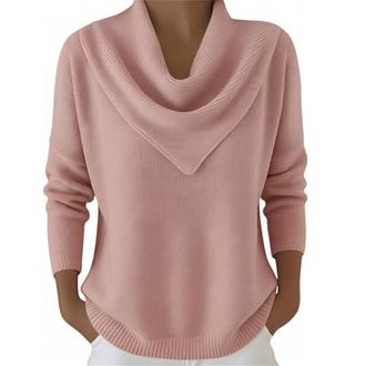 Generic Pull &eacute;l&eacute;gant r&eacute;tro doux &agrave; col triangle de couleur unie, pull en tricot confortable &agrave; manches longues pour femme, style cowl, mode dhiver, rose, XXL