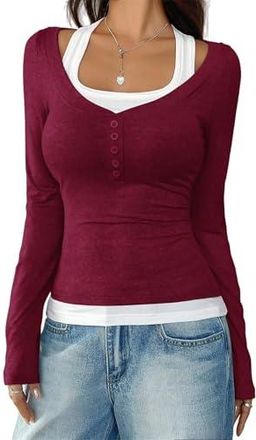 Generic Haut slim &agrave; manches longues et col carr&eacute; tendance pour femme - Faux col nu, bordeaux, XL