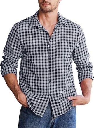 Coofandy Chemise à carreaux à manches longues pour homme, coupe classique, chemise boutonnée en flanelle décontractée à carreaux pour homme, Bleu foncé/blanc, 