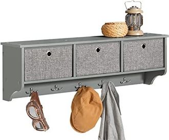 SoBuy Porte Manteau Mural avec 5 Crochets et 3 Paniers - Porte Manteau Mural Bois, Meuble Entr&eacute;e avec &Eacute;tag&egrave;re - Penderie Suspendue pour Chambre, Salon, Sall