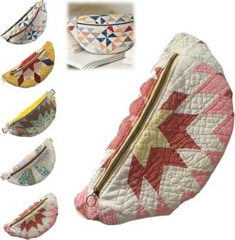 Generic Vintage-Inspired Patchwork Quilted Sling Bag,Curved Crossbody Bag with Adjustable Strap,Bohemian Fabric Shoulder Satchel (D)